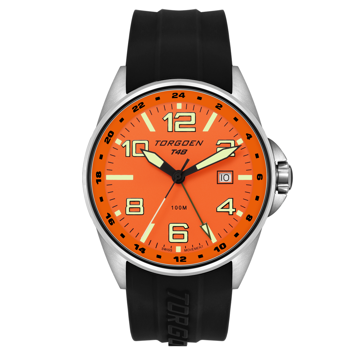 T48 GMT Black/Orange | 44mm, Black Silicone Strap – Torgoen