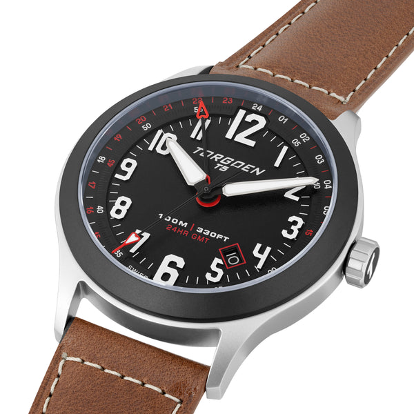 T56 Black Sapphire GMT | 44mm, Dark Brown Leather Strap – Torgoen