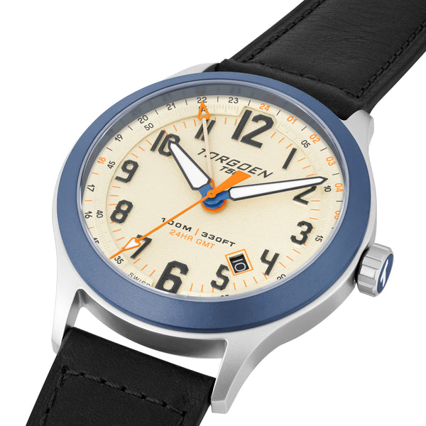 T56 Cream Sapphire GMT | 44mm, Navy Blue Leather Strap – Torgoen